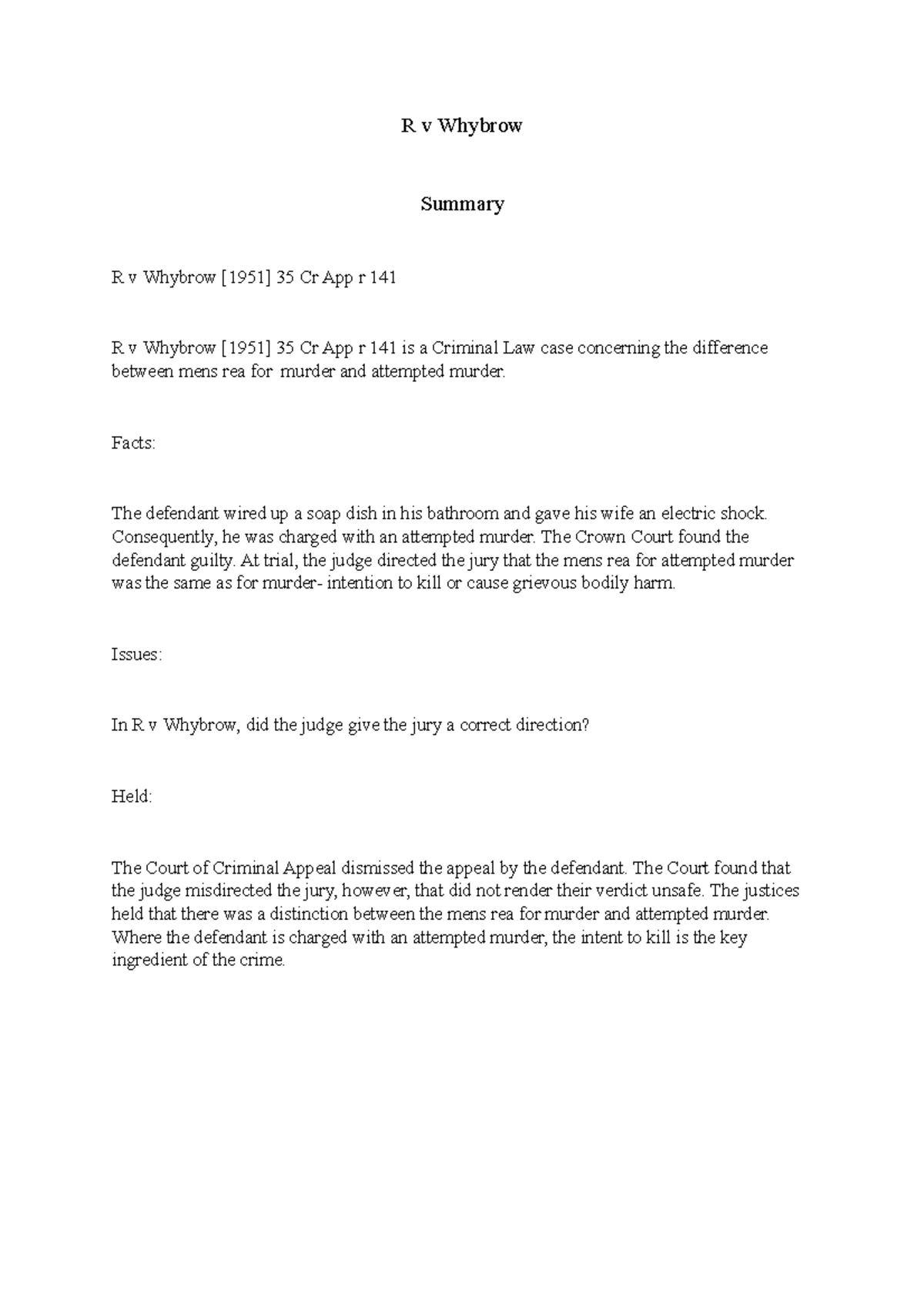 R v Whybrow Summary - R v Whybrow Summary R v Whybrow [1951] 35 Cr App ...