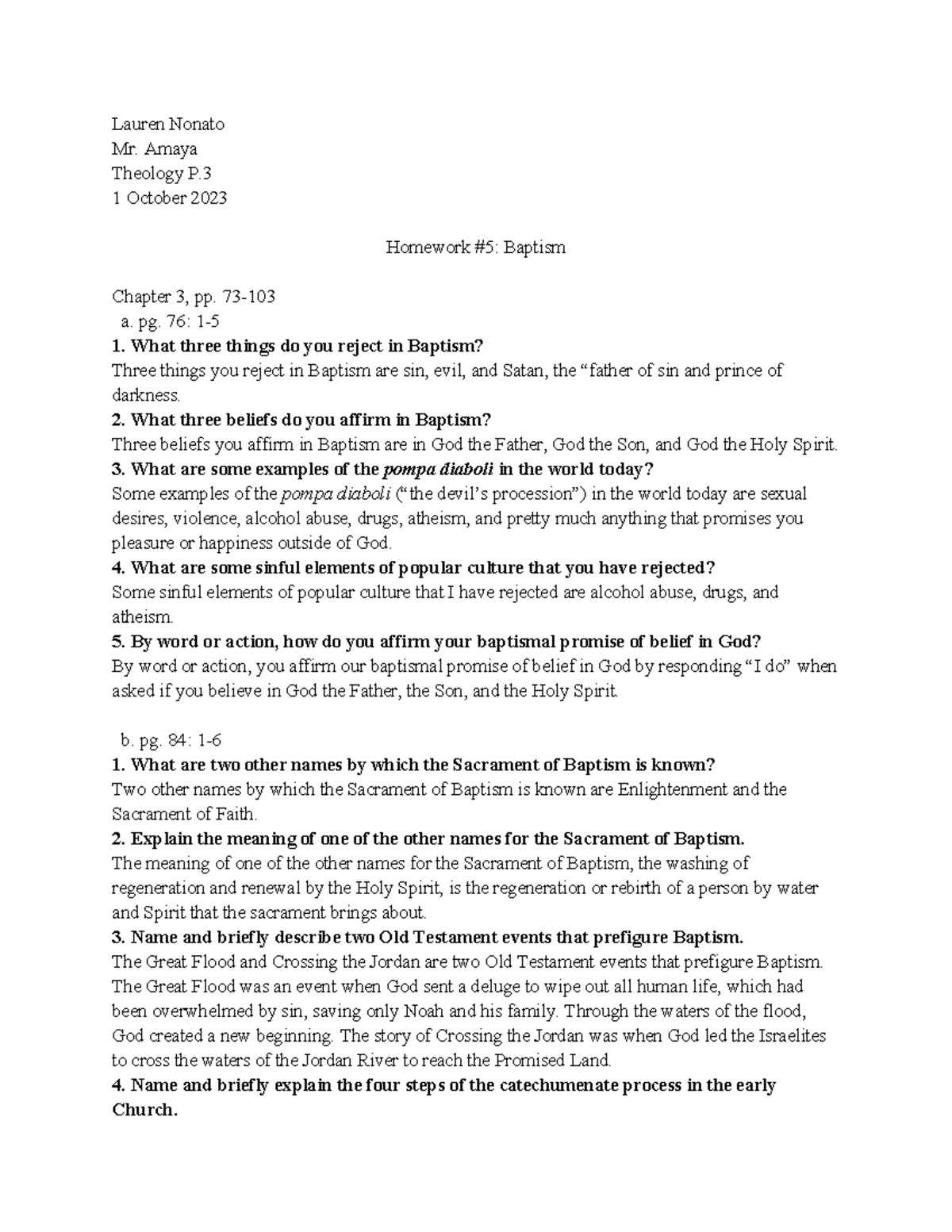 Homework #5 Baptism - religion - Lauren Nonato Mr. Amaya Theology P. 1 ...