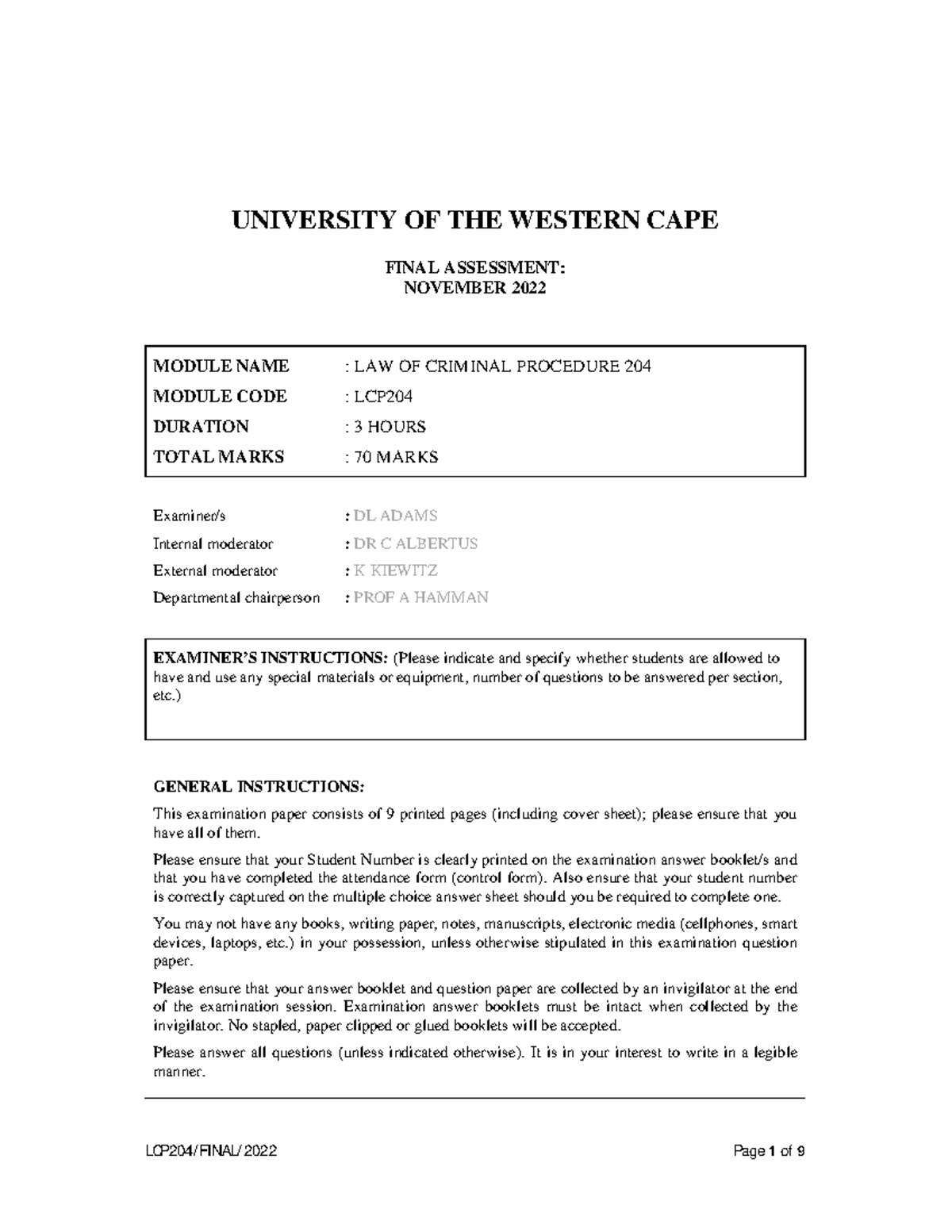 LCP204 2022 12 F - exam paper - UNIVERSITY OF THE WESTERN CAPE FINAL ...