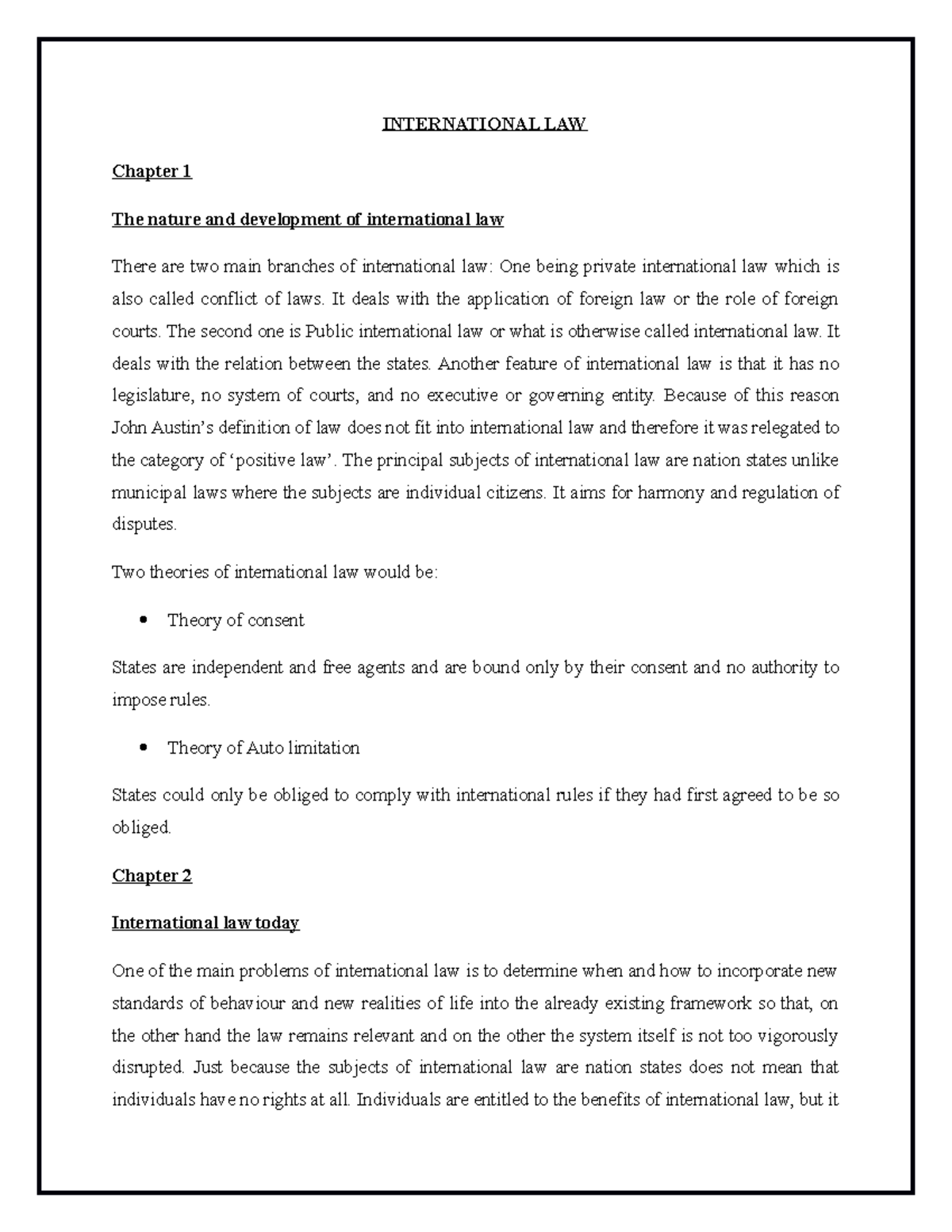 International Law - Short Notes - INTERNATIONAL LAW Chapter 1 The ...