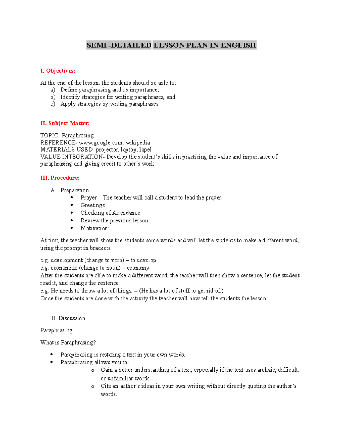 Lesson Plan - A simple teaching guide. - SEMI -DETAILED LESSON PLAN IN ...