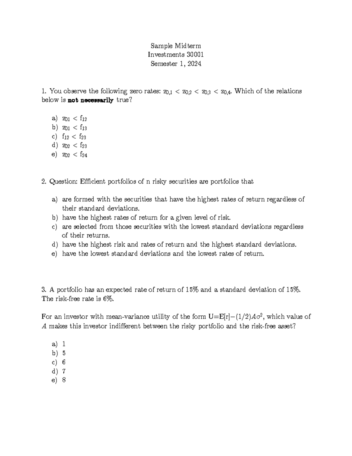 Sample Midterm 2024 - Sample Midterm Investments 30001 Semester 1, 202 ...