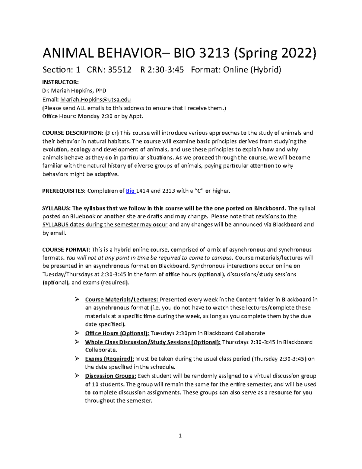 Hopkins Animal Behavior Syllabus Spring 2022 Section 1 - ANIMAL ...