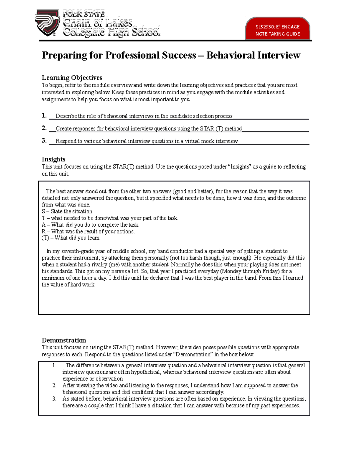 Behavioral Interview Note-taking Guide - Preparing for Professional ...
