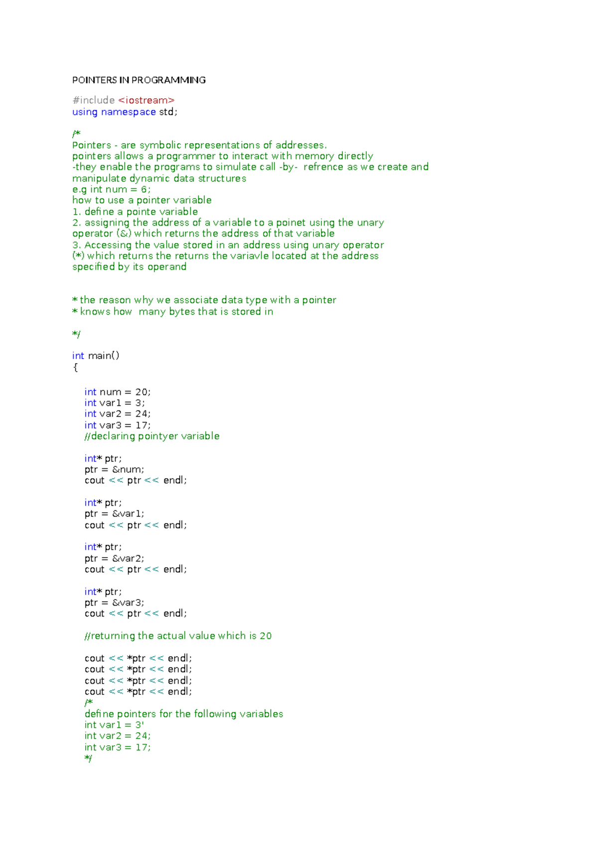 Pointers IN Programming - POINTERS IN PROGRAMMING #include using namespace std; /* - Studocu