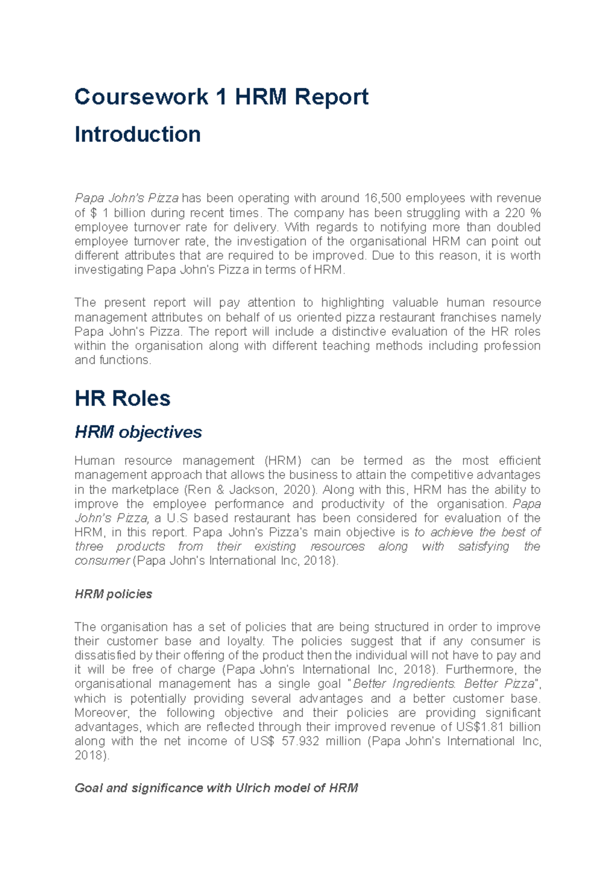 Coursework 1 HRM Report - Coursework 1 HRM Report Introduction Papa ...