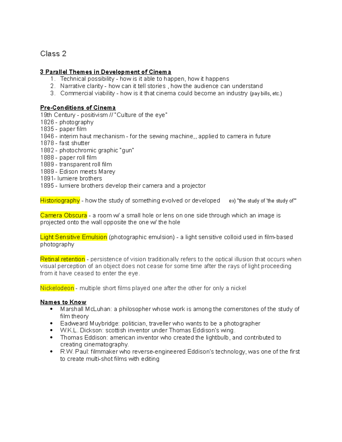 History of Film Class 2 Notes - Class 2 3 Parallel Themes in ...