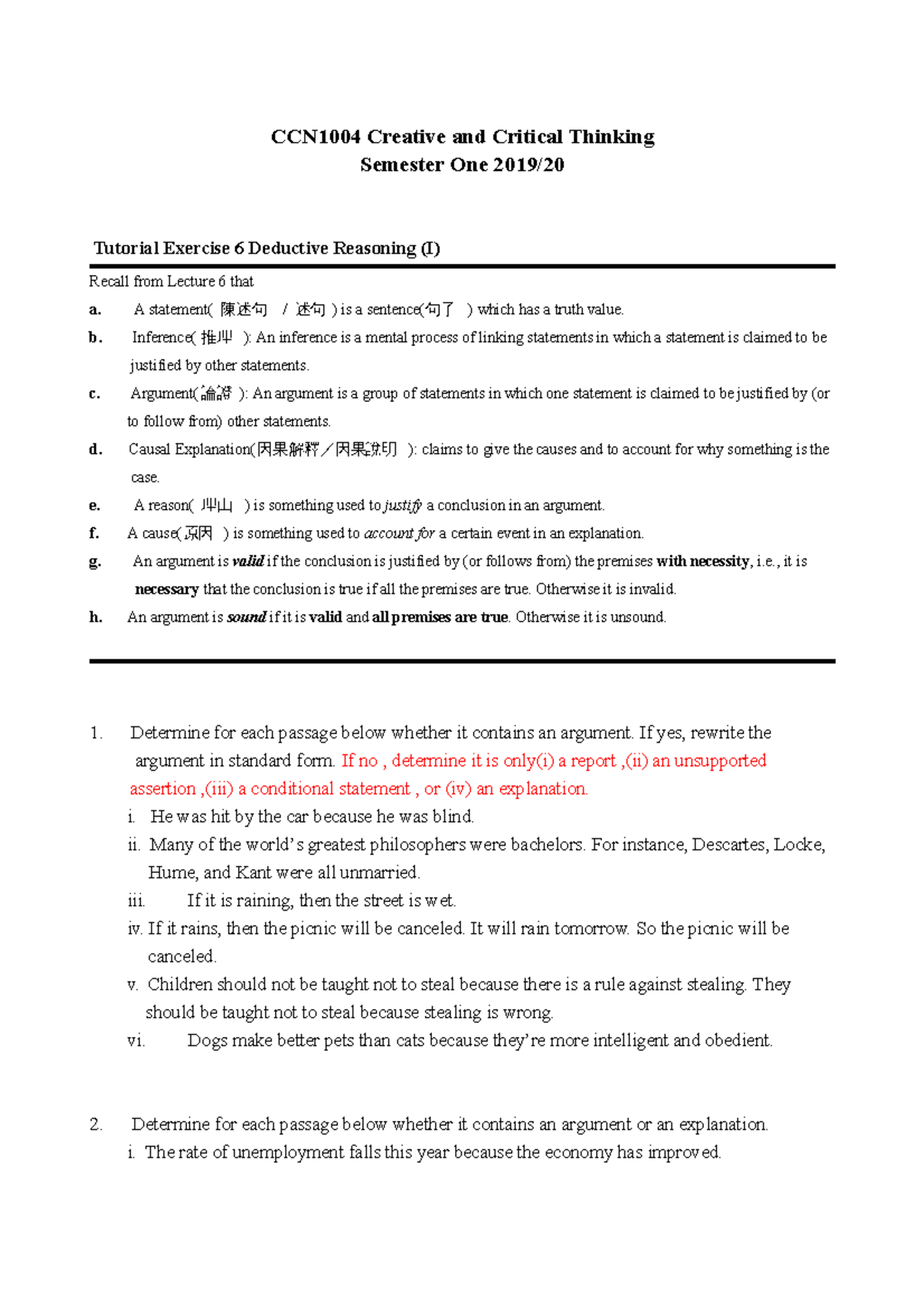 Tutorial Exercise 6 - CCN1004 Creative and Critical Thinking Semester One 2019/ Tutorial ...