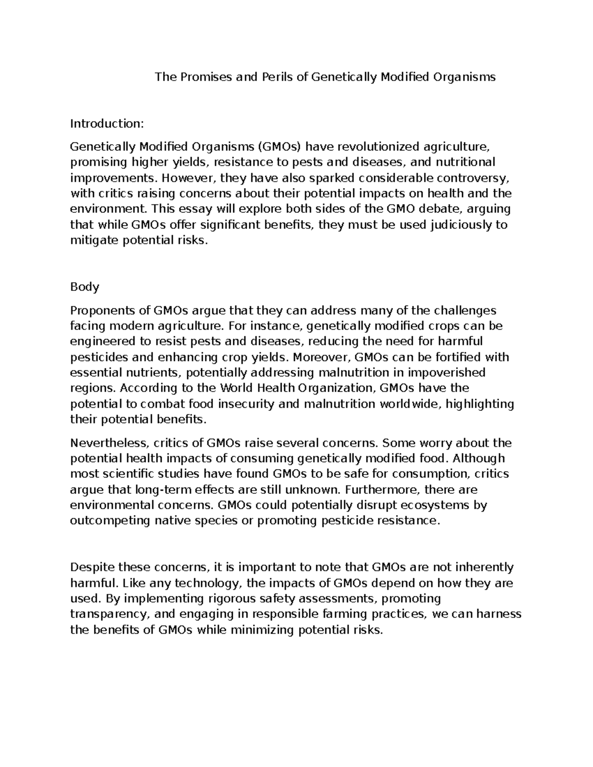 Essay - The Promises and Perils of Genetically Modified Organisms ...