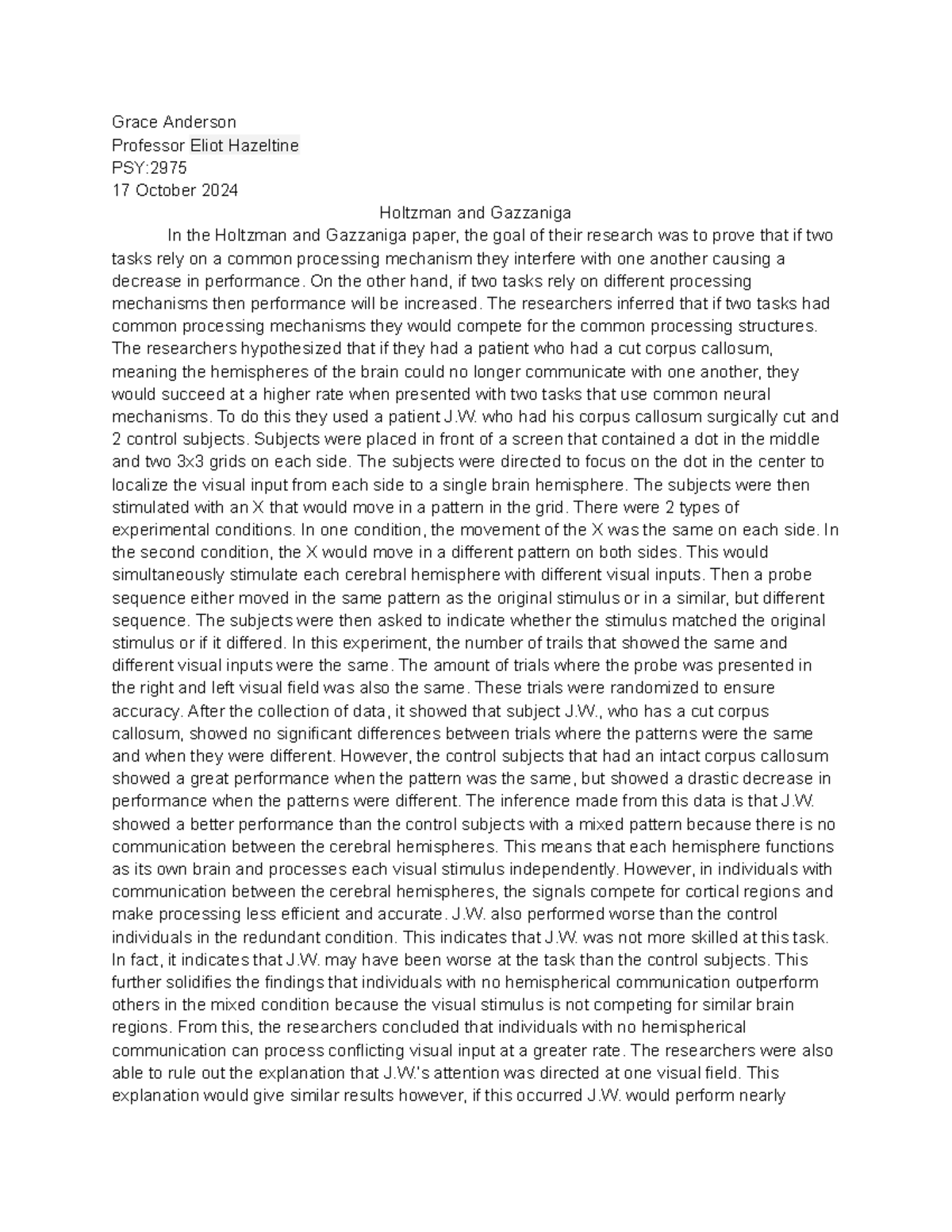 Cognitive neuro paper 2 - Grace Anderson Professor Eliot Hazeltine PSY ...
