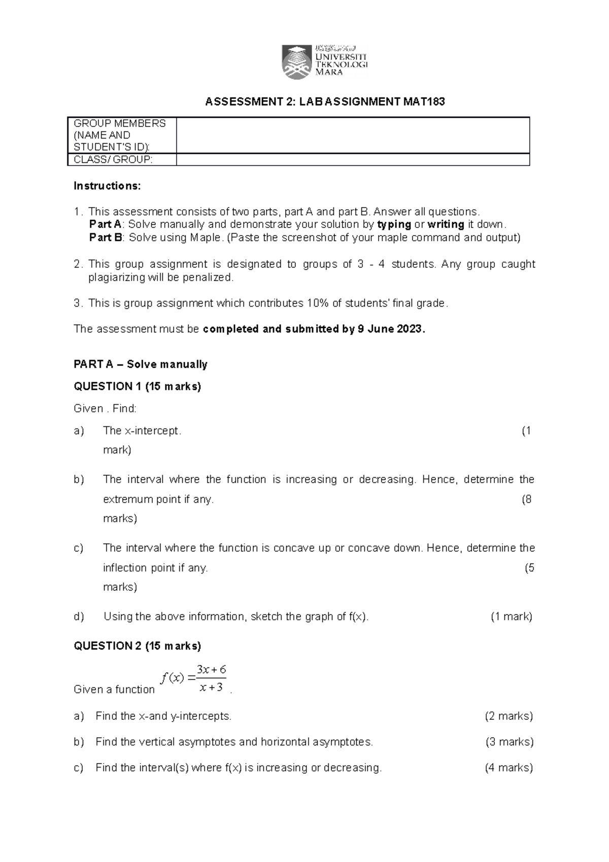 Assessment 2 Question MAT183 MAC2023 - ASSESSMENT 2: LAB ASSIGNMENT MAT ...