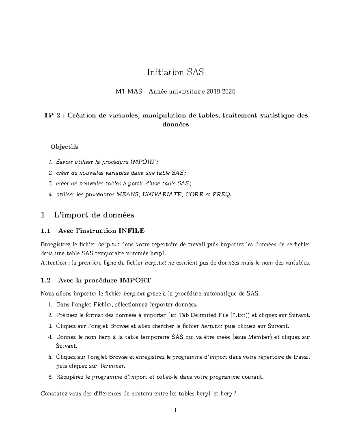 SAS M1 TP2 - Création de variables, manipulation de tables, traitement ...