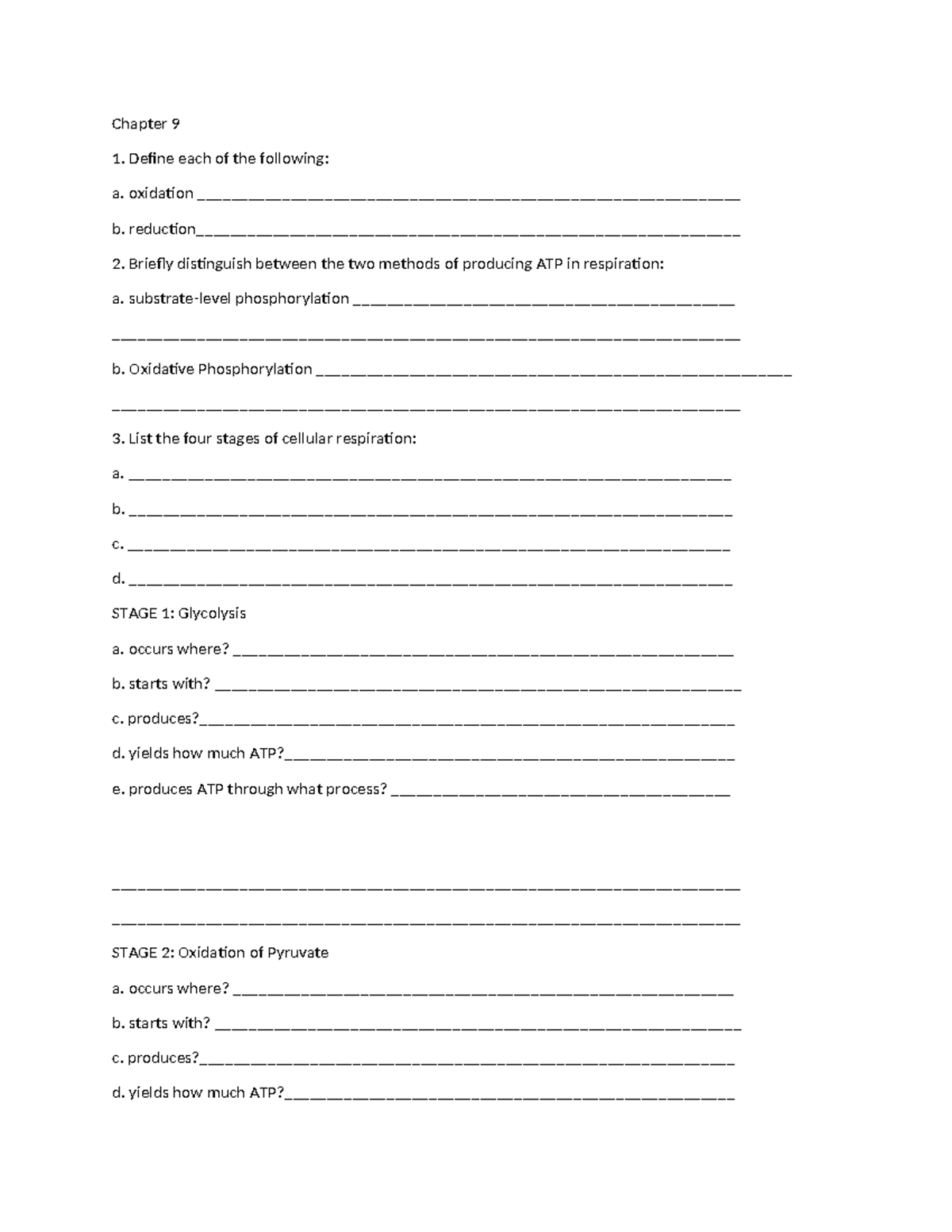 Chapter 9 Respiration Activity (study Guide) sheet - Chapter 9 Define ...