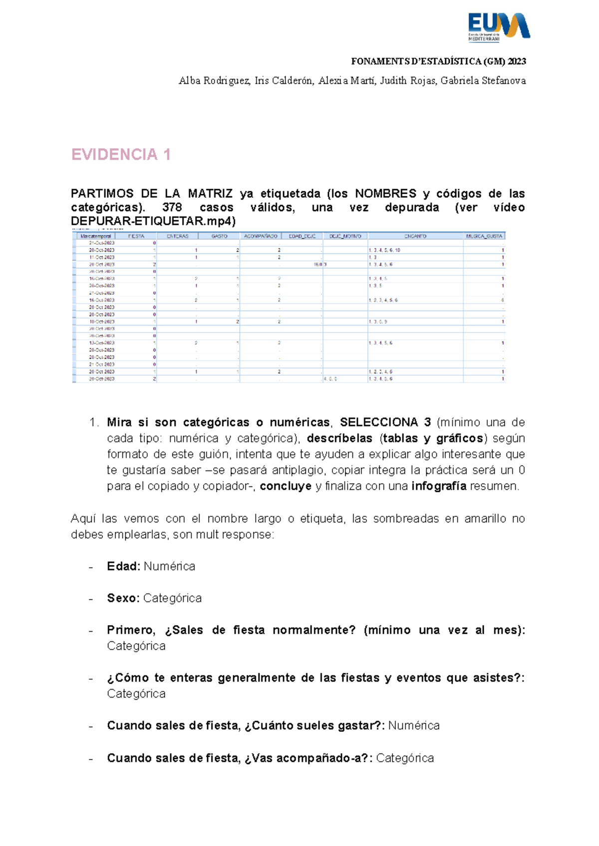 Evidencia 1 - FONAMENTS D’ESTADÍSTICA (GM) 2023 Alba Rodriguez, Iris ...