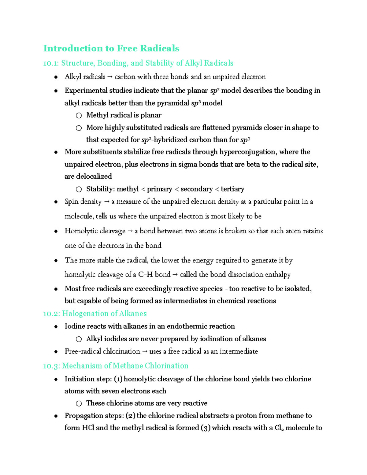 CH. 10 Textbook Notes - Introduction to Free Radicals 10: Structure ...