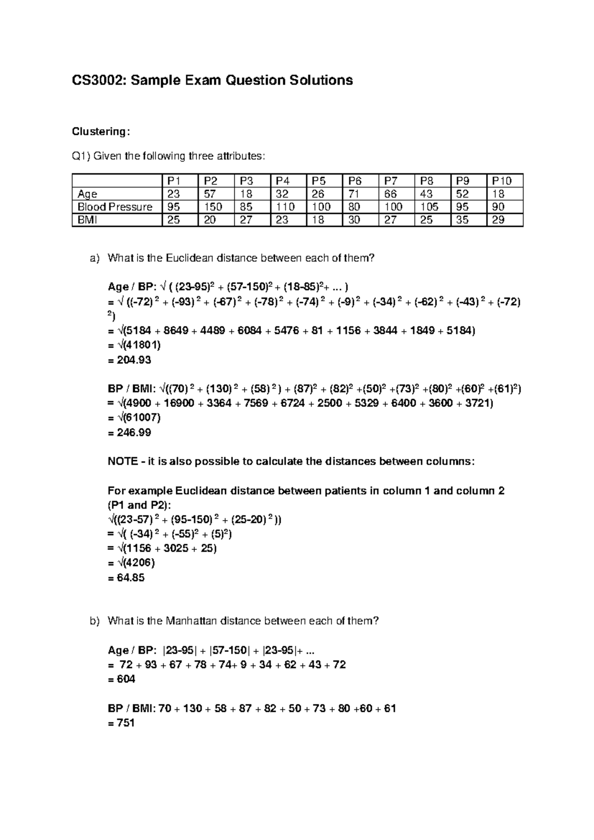 Sample Question Solutions v4 - Copy - CS3002: Sample Exam Question Solutions Clustering: Q1 ...