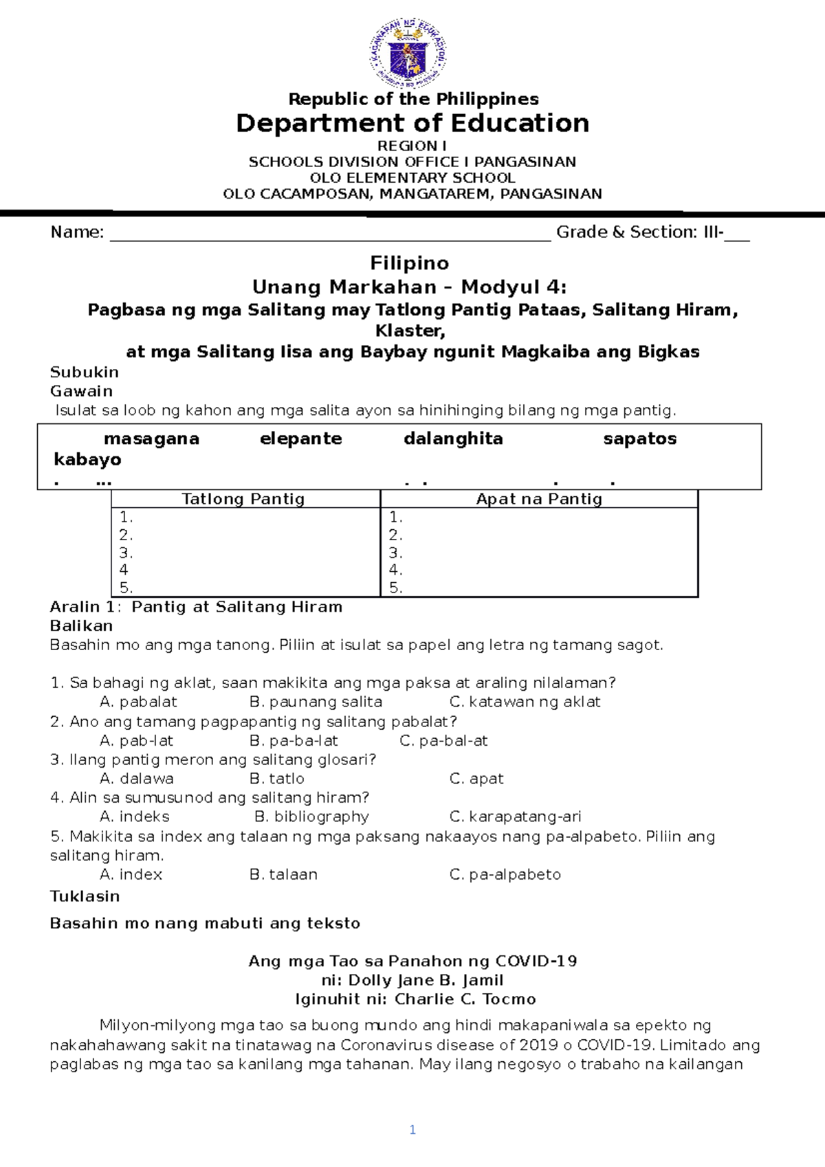 Filipino Quarter 1 Module - Elementary - Grade 4 - Republic of the ...