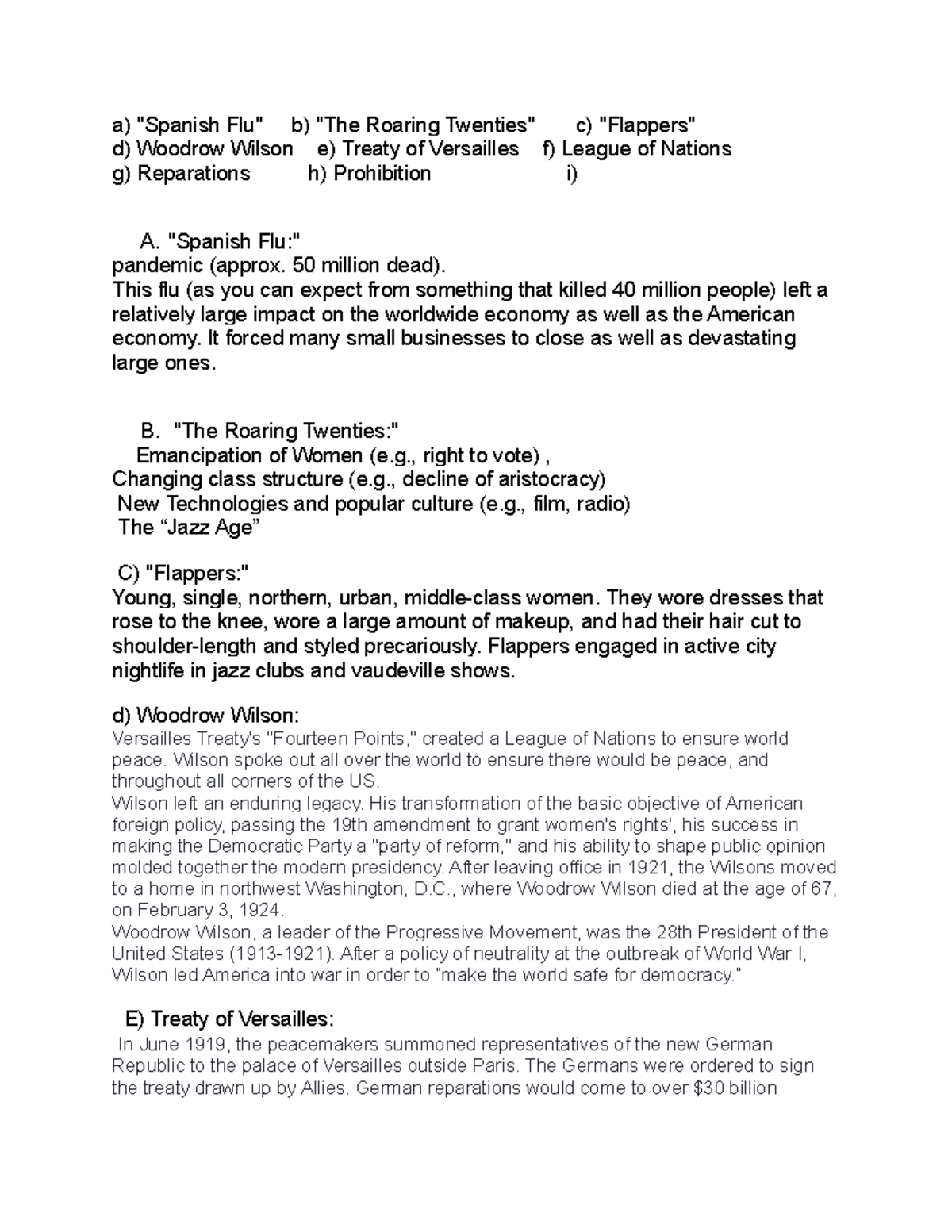 World history notes 2 - a) "Spanish Flu" b) "The Roaring Twenties" c ...