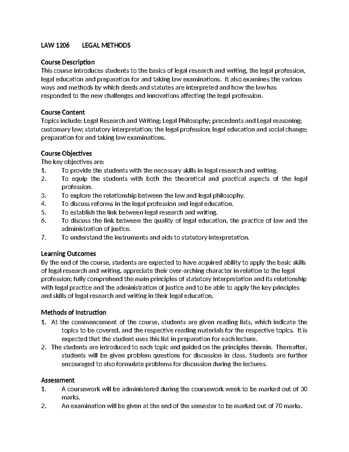 LAW 1206 Legal Methods - Notes - LAW 1206 LEGAL METHODS Course ...