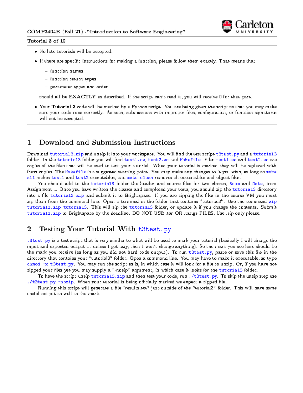 specifications for tutorial 1 - COMP2404B (Fall 21) -“Introduction to Software Engineering ...