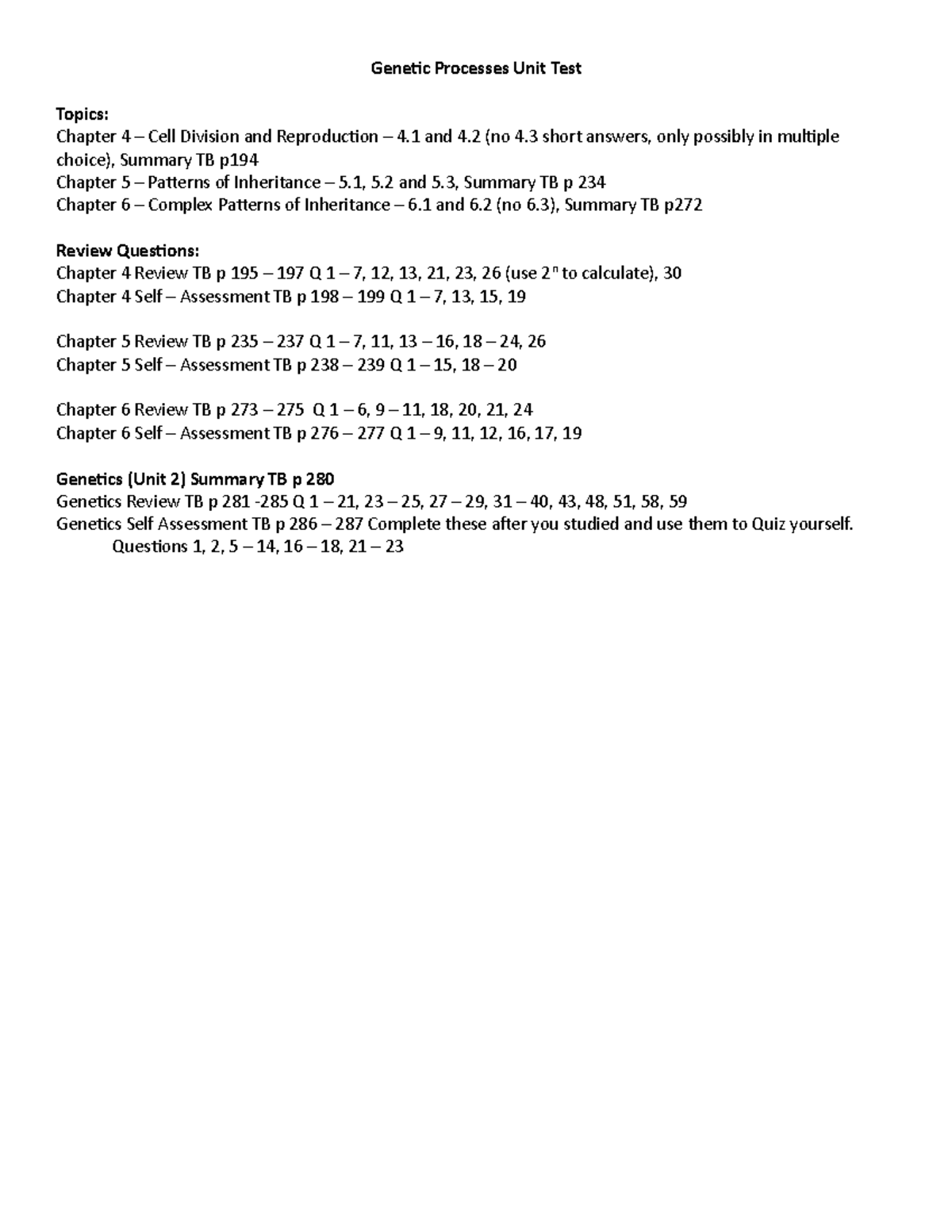 Genetics Test Review - Lecture notes 4-7 - BIO101 - Yorku - Studocu