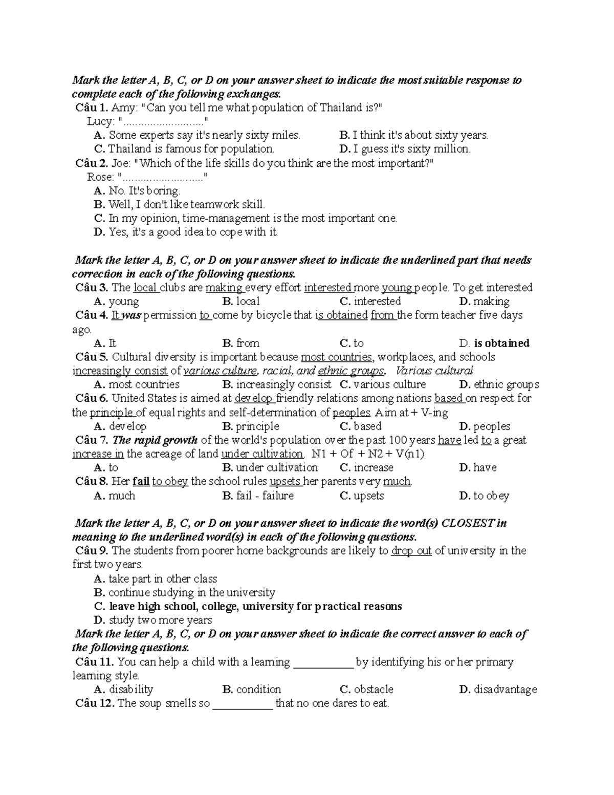 Test - hggggggggggghhhhhh - Mark the letter A, B, C, or D on your ...