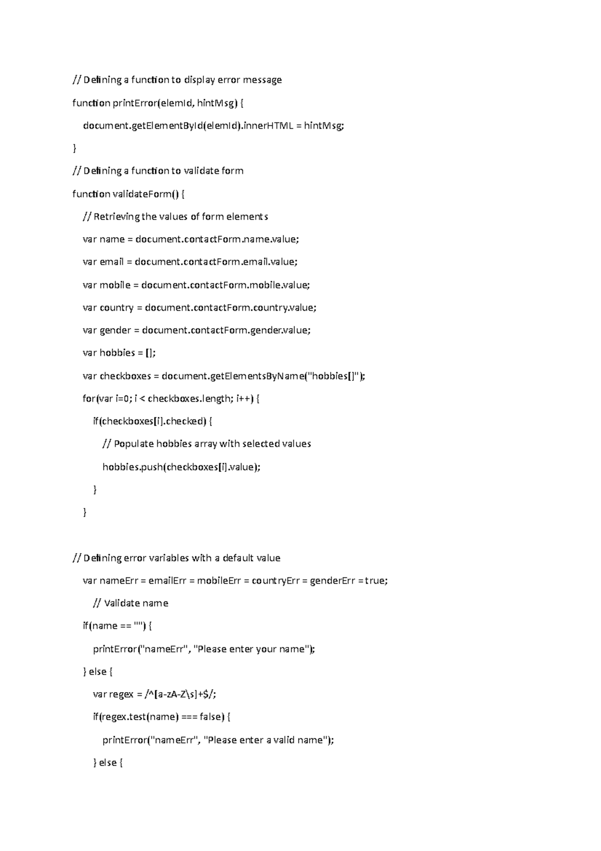 Form - // Defining a function to display error message function ...