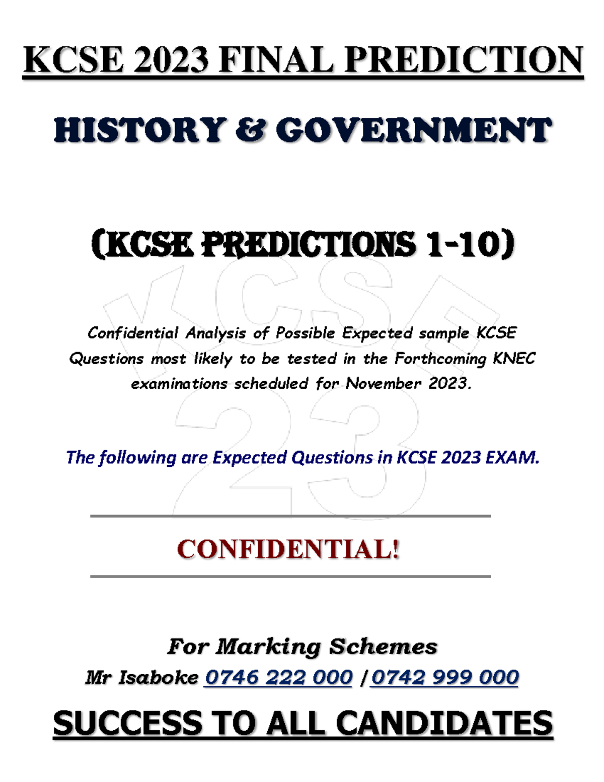 KCSE History Final Prediction 2023 - KCSE 2023 FINAL PREDICTION HISTORY & GOVERNMENT (KCSE - Studocu