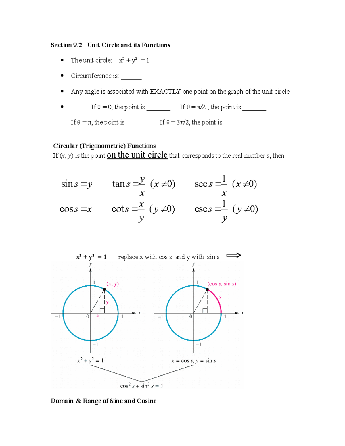9.2 Unit Circle - Suzan - Section 9 Unit Circle and its Functions The ...
