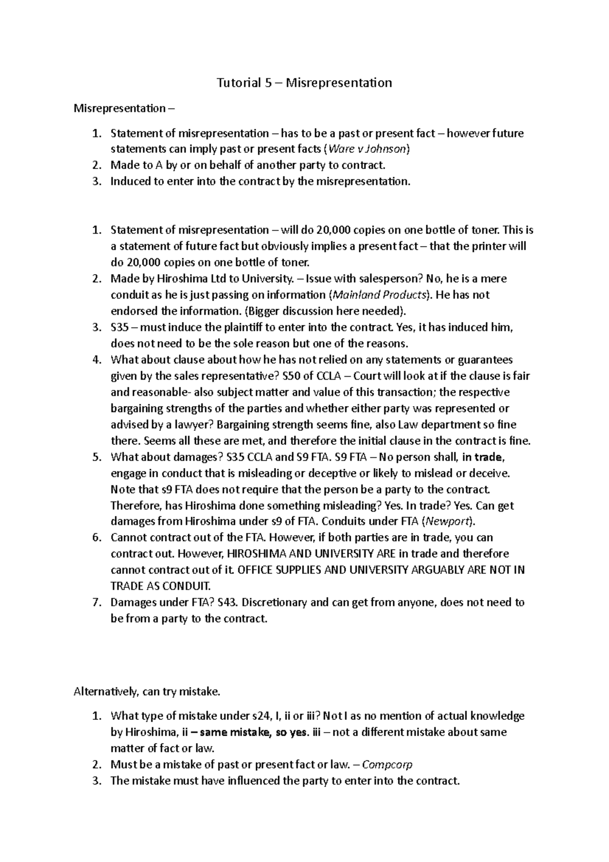 Tutorial 5, Misrep and Mistake - Tutorial 5 – Misrepresentation ...