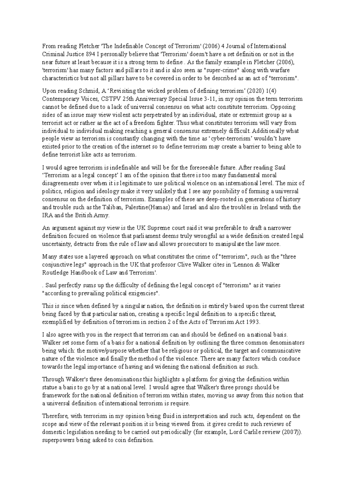 Question 2 terrorism and the law 2021 - From reading Fletcher 'The ...