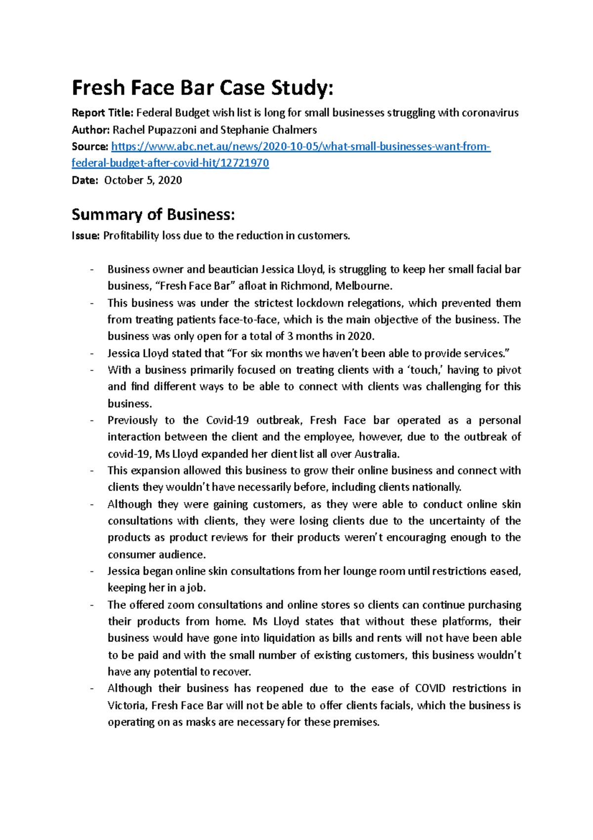 Business Case Study - Fresh Face Bar Case Study: Report Title: Federal ...