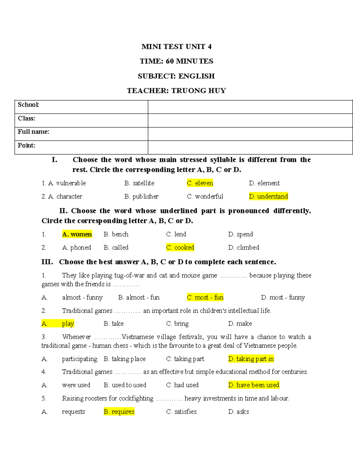 MINI TEST UNIT 4 - kkkkk - MINI TEST UNIT 4 TIME: 60 MINUTES SUBJECT ...