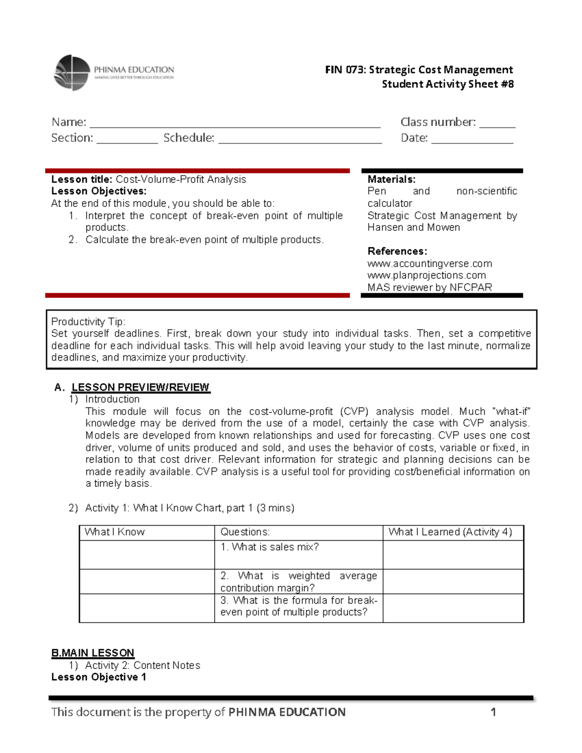 SAS8-FIN073-1 - Module - Student Activity Sheet # Name: - Studocu
