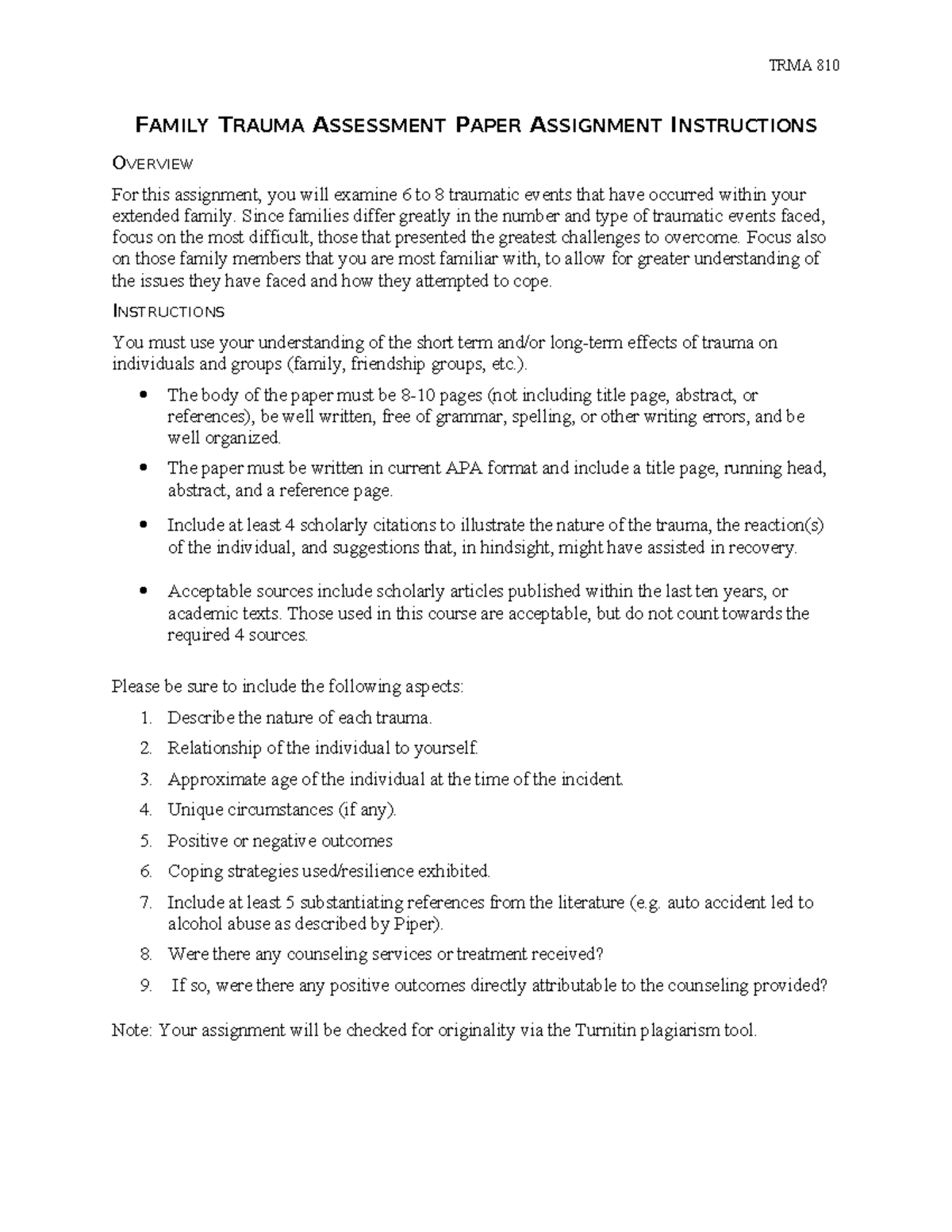 Family Trauma Assessment Paper Assignment Instructions - TRMA 810 ...