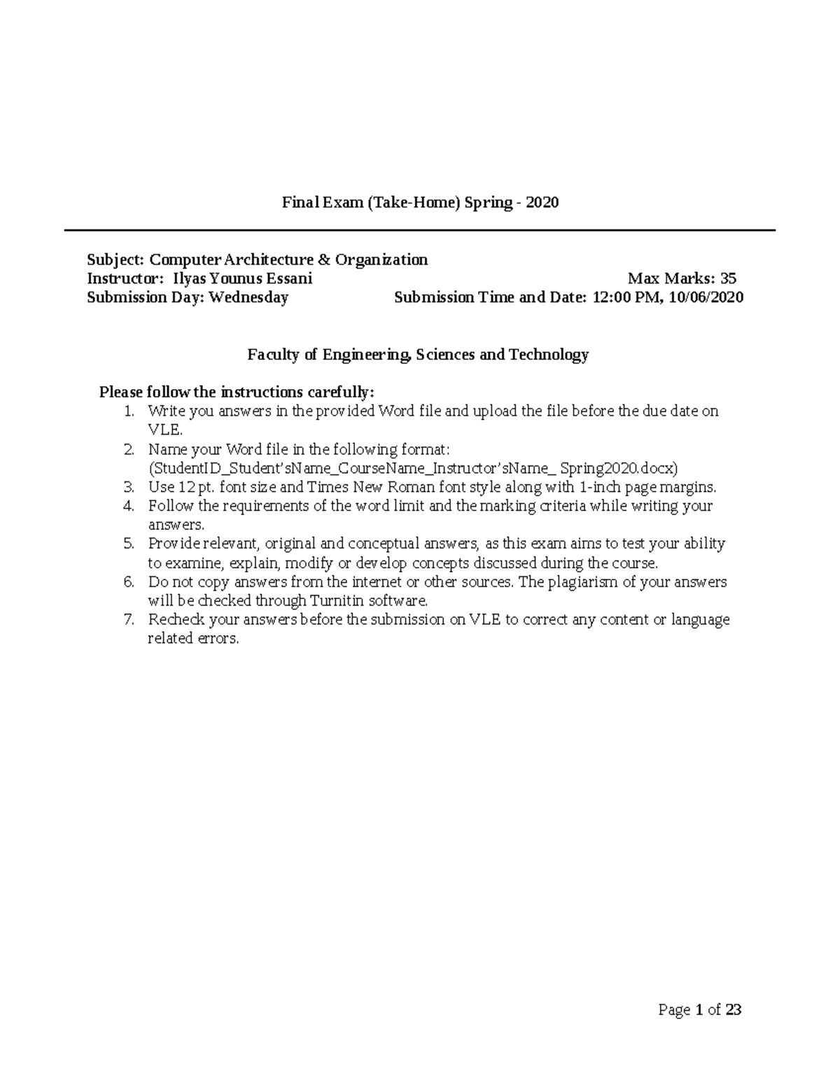 computer originations assembly language - Final Exam (Take-Home) Spring ...