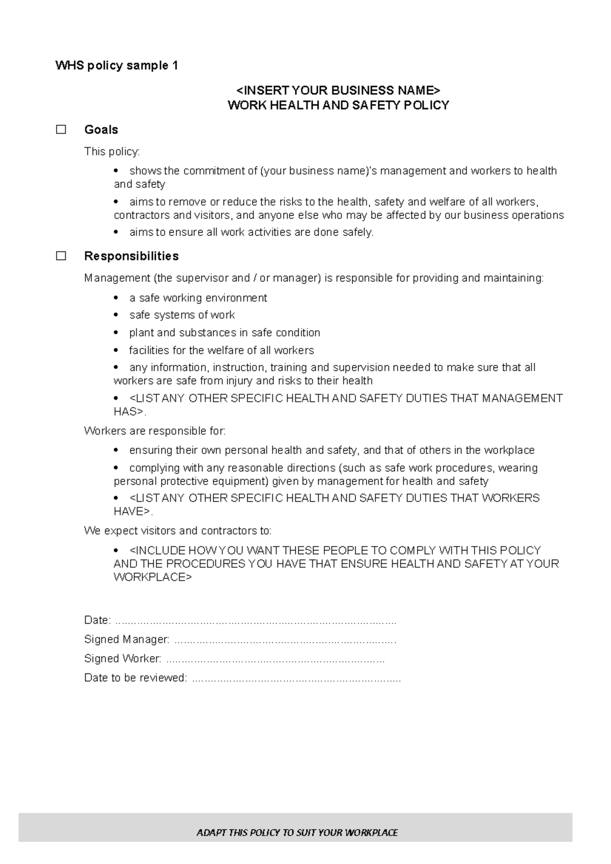 Construction sample Work health and safety policies - WHS policy sample 1