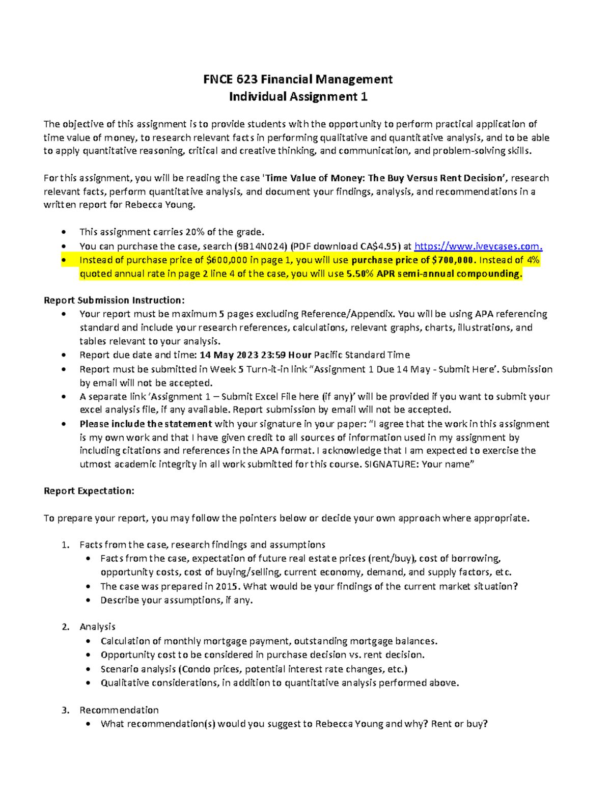 Assignment 1 Instruction and Rubric - FNCE 623 Financial Management ...