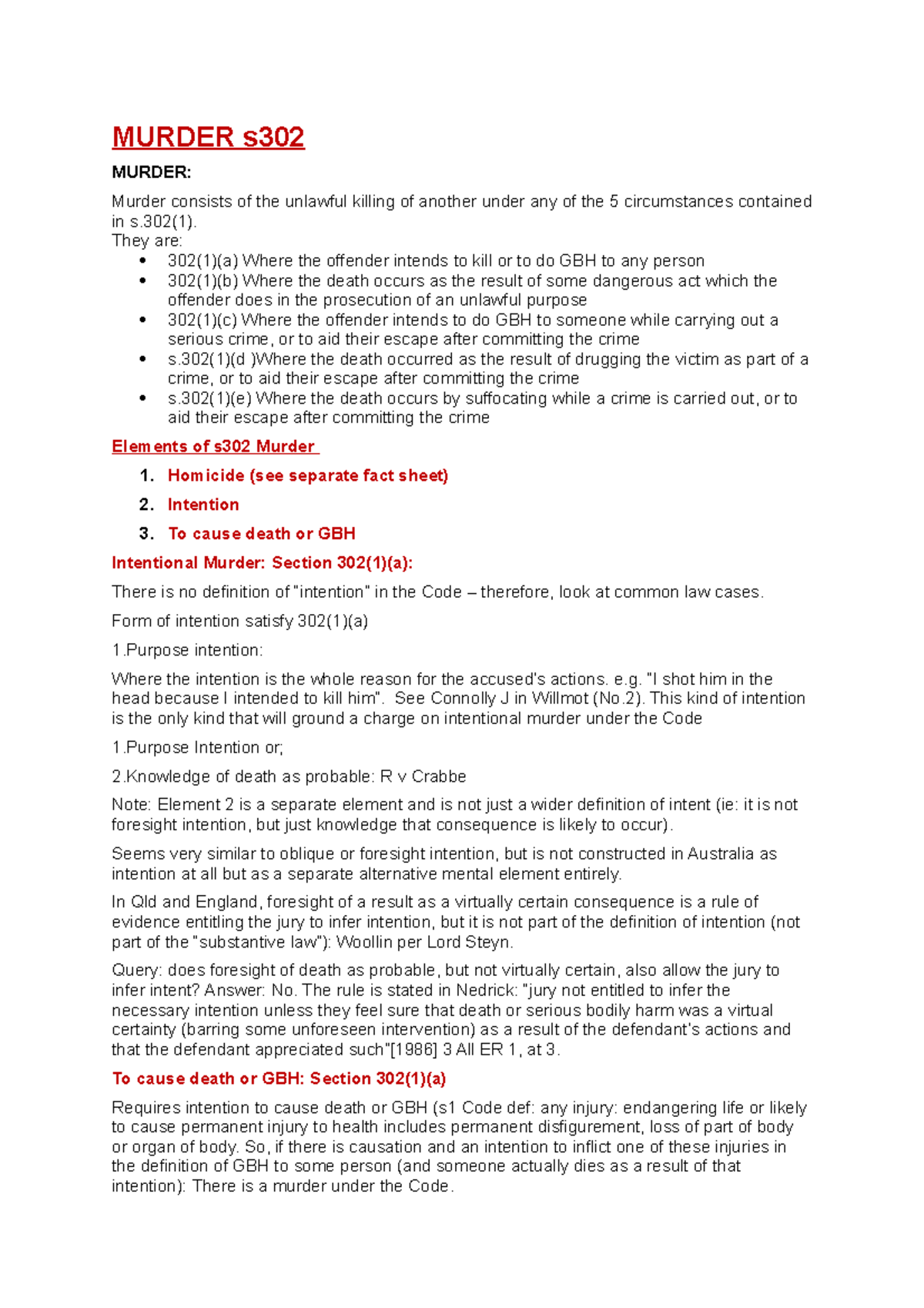 Criminal Law - Murder s302 EXAM Notes - MURDER s302 MURDER: Murder ...