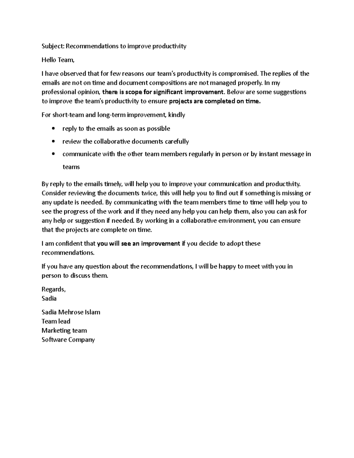 Sadia Mehrose Islam Assigment 2 - Subject: Recommendations to improve ...