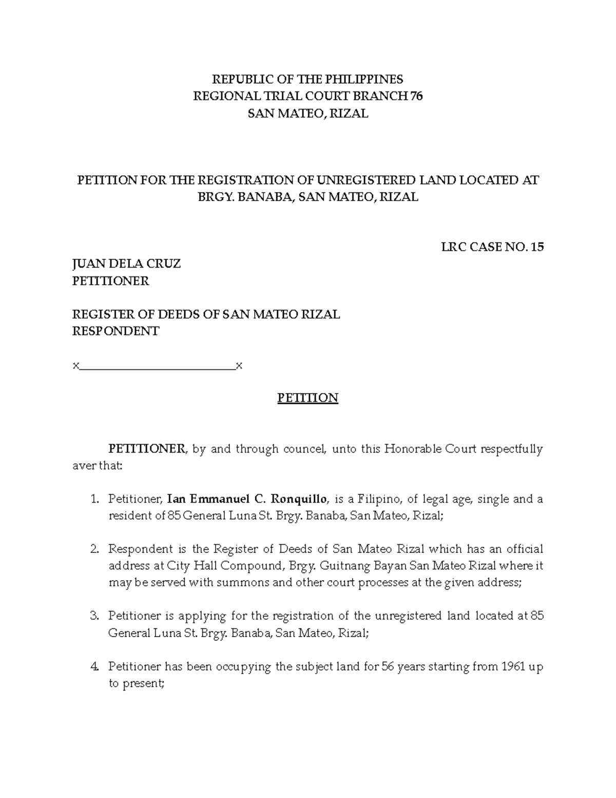 Petition for Land Registration - REPUBLIC OF THE PHILIPPINES REGIONAL ...