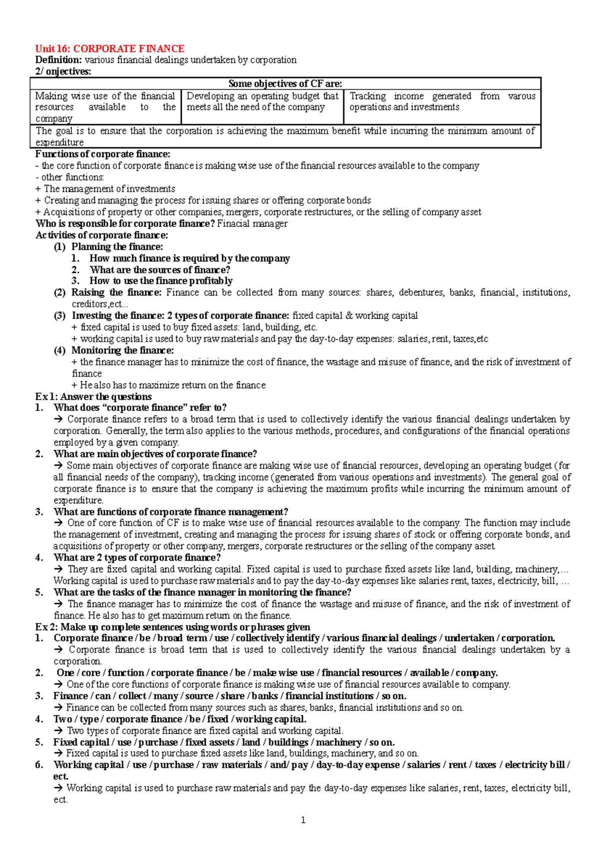 TACN2 đề cương - Unit 16: CORPORATE FINANCE Definition: various financial dealings undertaken by ...