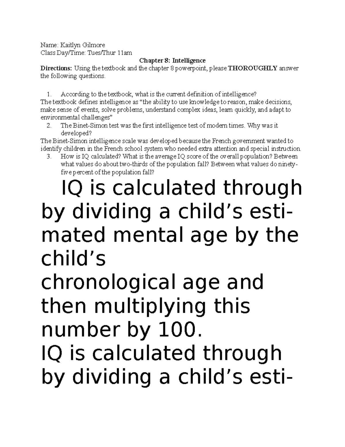 Intelligence Worksheet PSY240 - Name: Kaitlyn Gilmore Class Day/Time ...