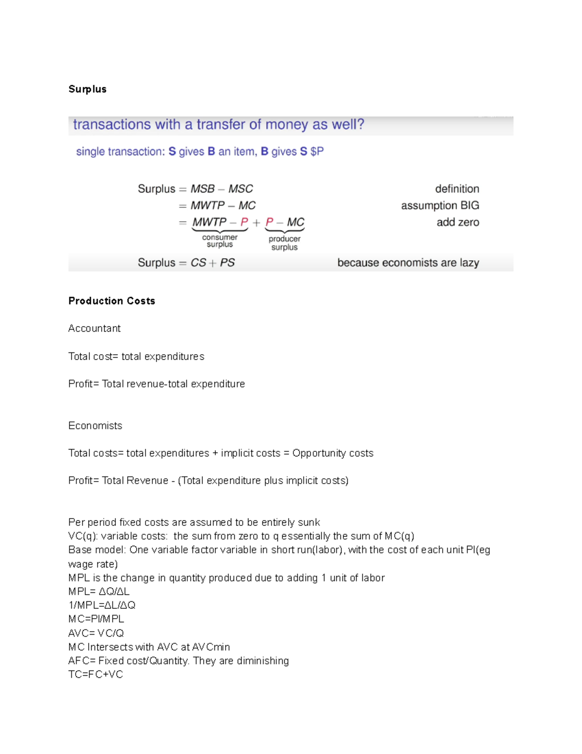 Eco term test notes - Summary Microeconomics - Surplus Production Costs ...
