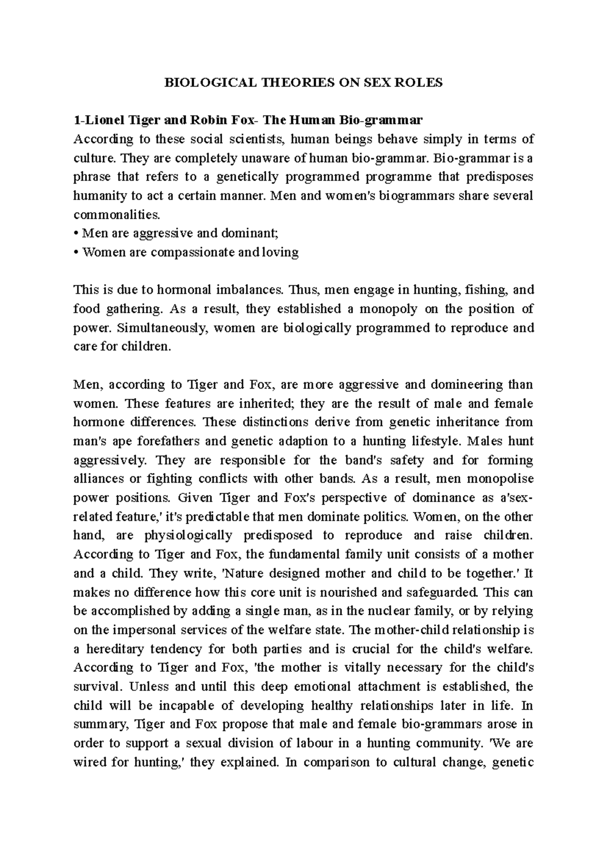 Biological Theories On Sex Roles Biological Theories On Sex Roles 1