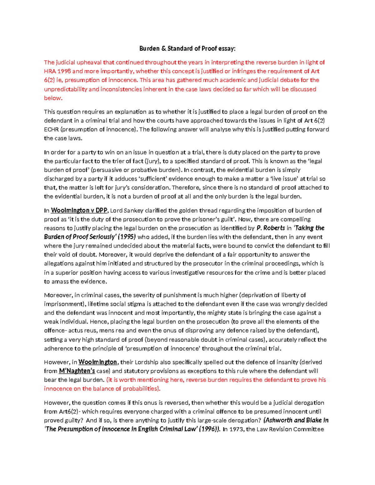 Burden and standard of proof essays - Burden & Standard of Proof essay ...