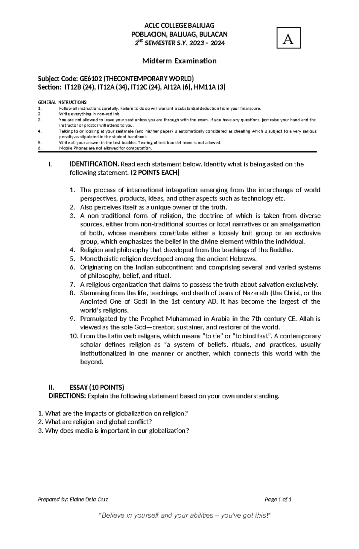 Midterm TCW SET A - ACLC COLLEGE BALIUAG POBLACION, BALIUAG, BULACAN 2 ND SEMESTER S. 202 3 ...