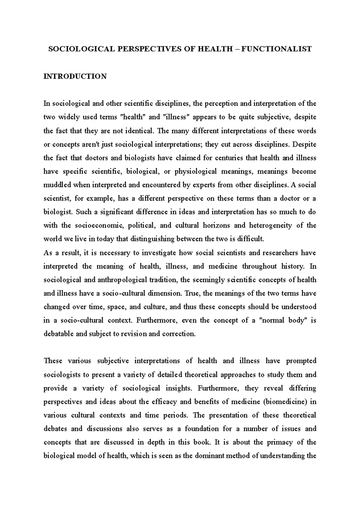 Sociological Perspectives OF Health – Functionalist - General Sociology ...