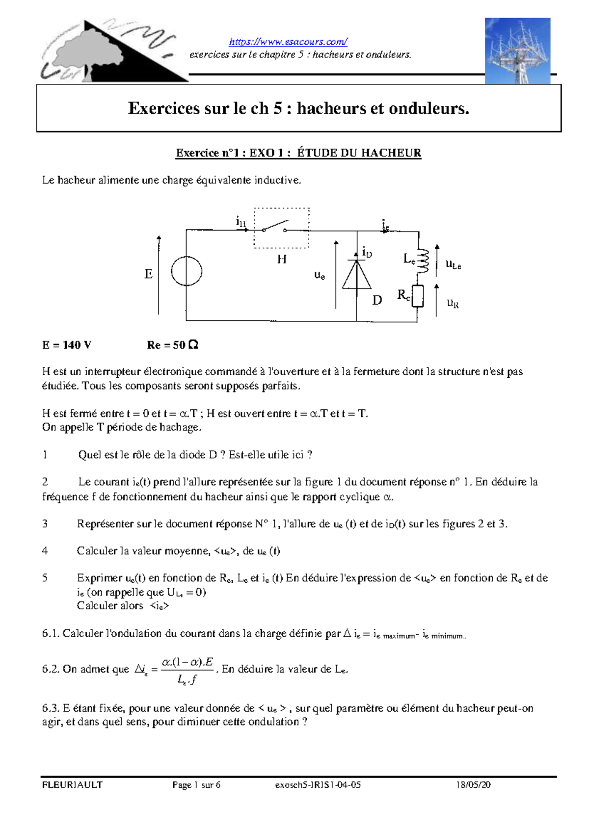 Exosch 5 IRIS1 04 05 - Electronique de puissance - exercices sur le chapitre 5 : hacheurs et ...