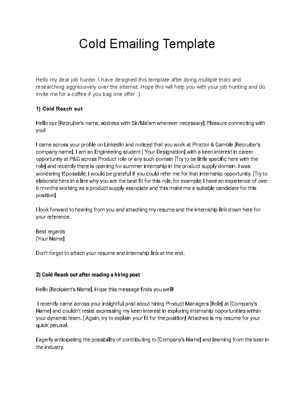Cold Emailing Template - Cold Emailing Template Hello my dear job ...